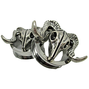Pierced Republic Ram Skull Ear Plugs - Stainless Steel Screw-On Ear Plugs - 8 Sizes - Pair - New! (1" (25mm))