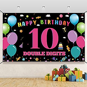 HTDZZI 10th Birthday Decorations for Girl, Happy 10th Birthday Backdrop Banner, Double Digits 10 Year Old Birthday Party Yard Sign Photo Booth Props Poster Decor Supplies, Fabric, 6.1ft x 3.6ft