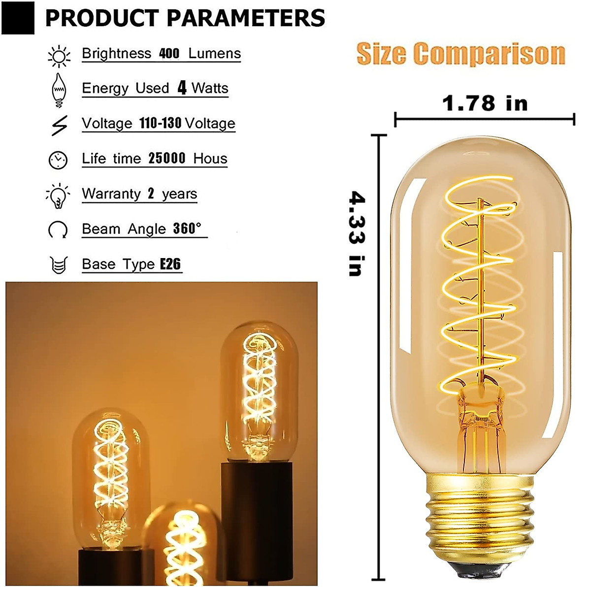 Vintage LED Spiral Filament Bulb T14, E26 Base, 4W Equivalent, 40W Warm White, 2200K, Dimmable, AC120V, 400LM, Amber Glass, Pack of 4