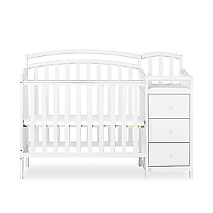 Dream On Me Casco 3-In-1 Mini Crib And Changing Table In White, Convertible Crib, Made Of Pinewood, Three Position Adjustable Mattress Height Settings