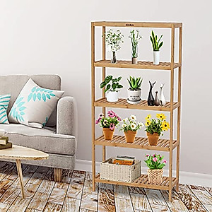 kinbor 5-Tier Bamboo Bathroon Shelf - Bamboo Shelf Storage Shelving Rack Utility Shelf Multifunctional Bamboo Rack for Bathroom Kitchen Living Room