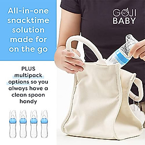 Goji Baby - 4 oz Silicone Baby Food Dispensing Spoon - 4 Pack - Great for 4+ Month Infants - Includes Stopper - Easy to Use and Mess-Free - Precise Food-Release Feeder - Great for Travel (Blue)