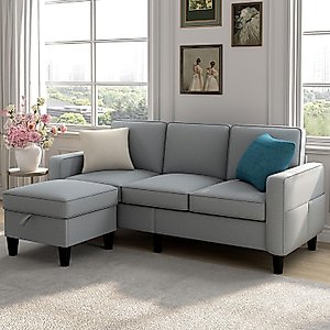 BearDen Creations Convertible Sectional Couches for Living Room, L Shaped Couch 3 Seater Sofas with Storage Ottoman,Small Sofa for Apartment,Compact Spaces,Small Space,Grey