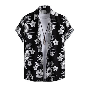 WDIRARA Men's Button Up Short Sleeve Cat Print Beachwear Striped Pocket Hawaiian Shirt Collar Top Shirts Floral Black White XXL