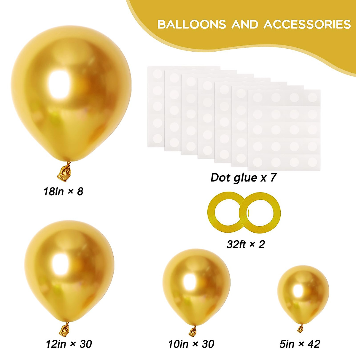 RUBFAC 110pcs Metallic Gold Balloons Latex Balloons Different Sizes 18 12 10 5 Inch Party Balloon Kit for Birthday Party Graduation Baby Shower Wedding Holiday Balloon Decoration