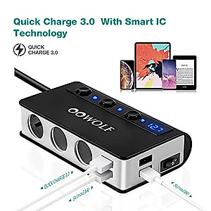OOWOLF Cigarette Lighter Adapter Quick Charge 3.0 180W 12V/24V 3-Socket Power Splitter 4 USB Ports Car Power Adapter Car Splitter for GPS, Dash Cam, Sat Nav, Phone, Tablet, etc