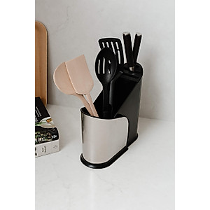 Umbra Furlo, Expandable Kitchen Utensil Holder, Multi-Functional Caddy Organizer with Divider and Extra Storage, Ideal for Keeping Knives and other Utensils Instantly Accessible, Black/Stainless Steel
