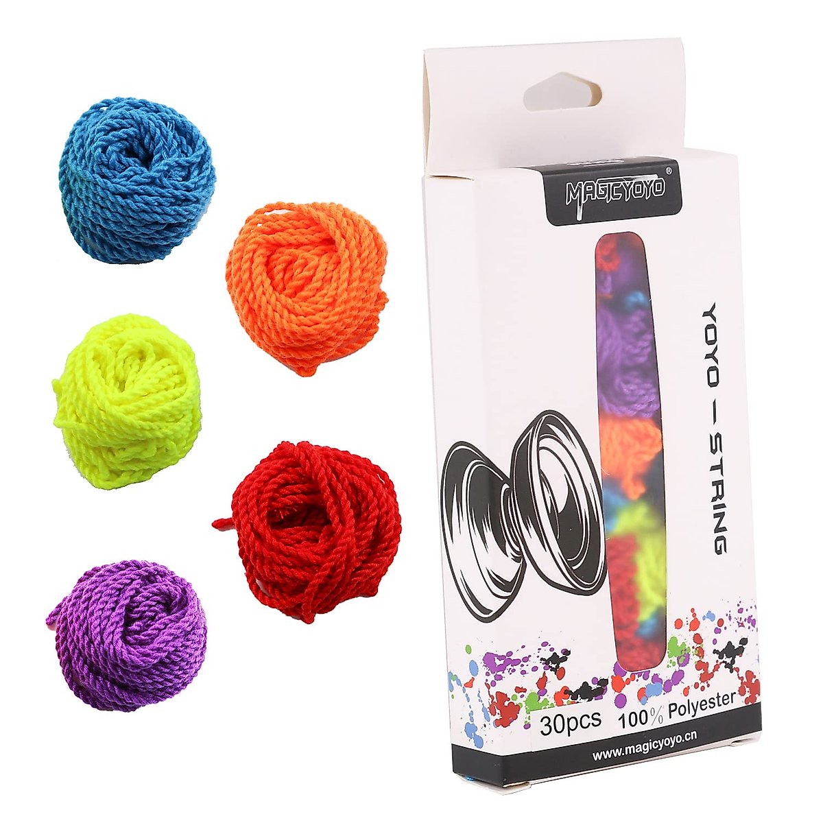 MAGICYOYO 30 Pack Professional Yoyo Strings Replacement for Responsive Yoyo, Unresponsive Yoyo String, 100% Polyester Yo Yo Strings Pack, Blue, Green, White,Yellow, Orange Mixed