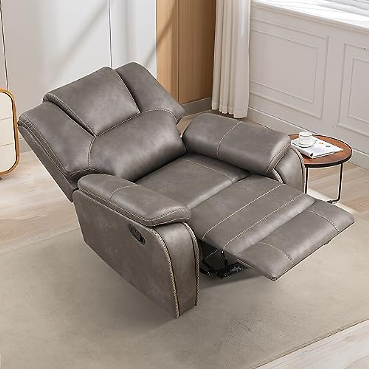 ANJ Manual Recliner Chair with Padded Headrest and Armrest, Overstuffed Reclining Chairs Comfy Faux Leather Recliners Single Sofa for Living Room
