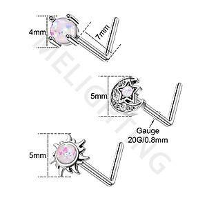 MeIighting Nose Rings 20G Moon Nose Studs Stainless Steel 316L Sun Nose Piercing Jewelry L Shaped for Women Men Body Piercing Jewelry