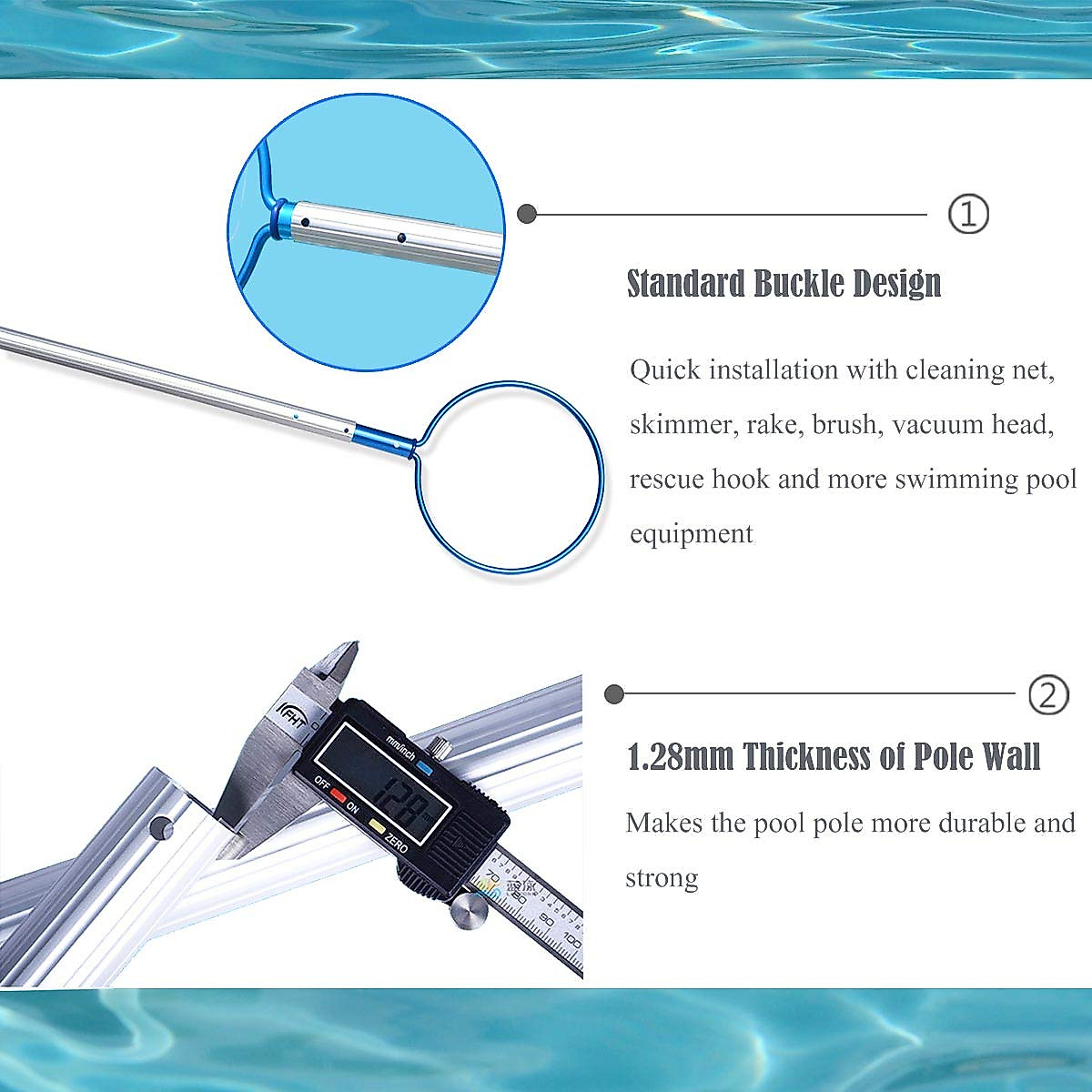 Upgraded Professional 16 Foot Swimming Pool Pole Telescopic Aluminum, 1.28mm Thicken Fits Pool Net Skimmer Rake Vacuum Head Brush Cleaning Heavy Duty, Adjustable 3 Section from 6 to 16ft Extension