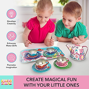 Bright Stripes 15 Piece Tin Tea Set for Little Girls, Pretend Play Toys for Kids with Carry Case, Invites, Place Cards, Tea Party Fun, Children’s Kitchen Accessories, in a Flower Fairy Theme.