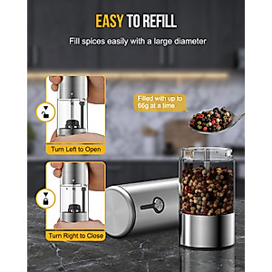 [Upgraded 66g Large Capacity] Electric Salt and Pepper Grinder Set USB Rechargeable with 6-Level Adjustable Coarseness Stainless Steel Automatic Salt n Pepper Mills Shakers Refillable with LED light