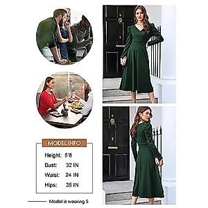 Dokotoo Womens Cocktail Dresses for Wedding Guest Fall Fashion 2023 Wrap V Neck Long Sleeve High Waist A Line Business Casual Party Elegant Cute Swing Midi Ladies Dress Outfit Green X-Large