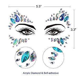 Face Gems, 6 Sheets Mermaid Face Jewels for Makeup Rave Festival Halloween Stick on Face Body Self Adhesive Rhinestone Gemstones Stickers