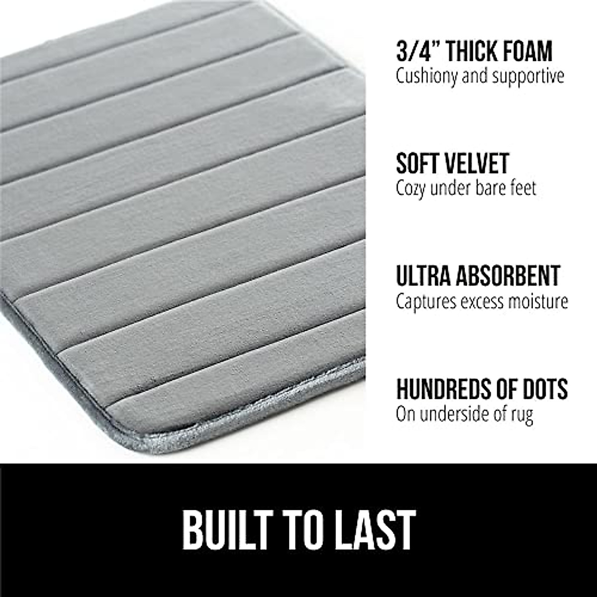 Gorilla Grip Thick Striped Memory Foam Bath Rugs, Soft Absorbent Velvet Bathroom Mats, Dots on Underside, Machine Washable Bathmat, Carpet Rug Room Décor for Shower Floor, 24x17 Mat, Gray