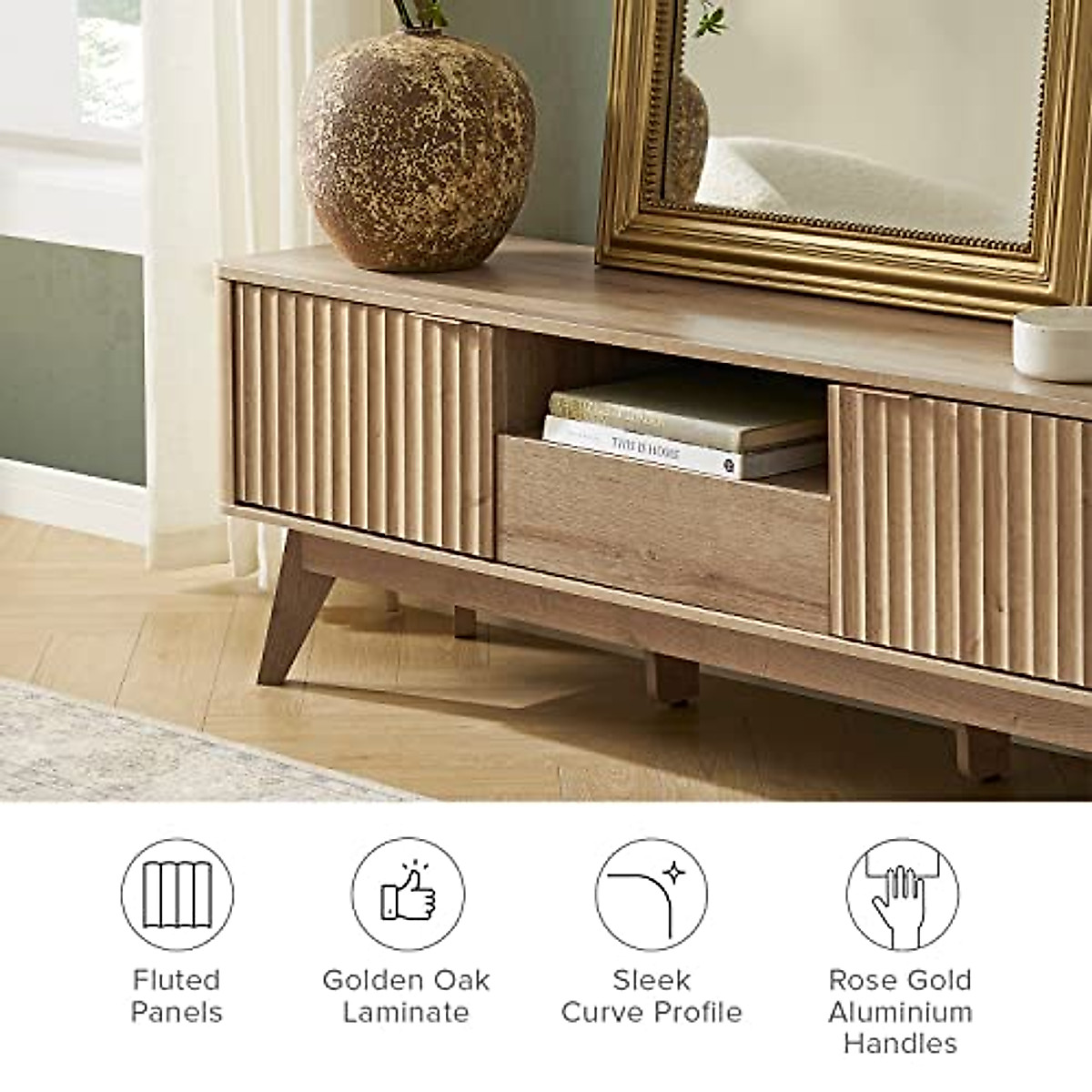 mopio Brooklyn Mid-Century Modern 57" TV Stand with Drawer, for TVs up to 59” Waveform Panel, Sleek Curved Profile with Adjustable Shelf and Sturdy Box Frame Leg (Golden Oak, 57")