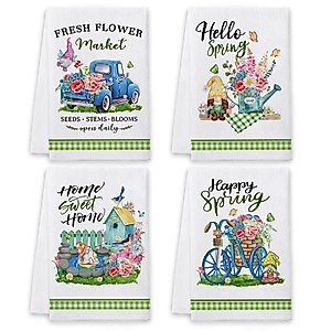 Spring Kitchen Towels, Hello Spring Blue Truck Gnomes Dish Towels Set of 4, Flowers Vase Blossoms Bike Home Sweet Home Seasonal Tea Hand Towels Dishcloths Housewarming Gifts for Home Decorations