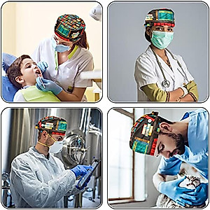 Bouffant Working Cap with Ribbon Tie for Women Long Hair, Adjustable Unisex Surgical Hat, Bookshelf Multi Clean Scrub Caps, 2 Pack