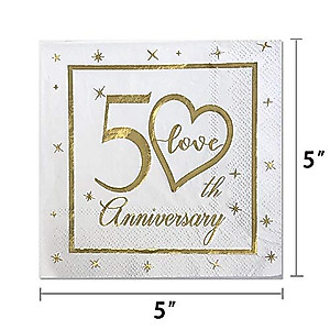 50th Anniversary Cocktail Napkins Gold Foil Print | Golden Wedding Anniversary Celebrations Party Favor Supplies & Decorations | 50-Pack 3-Ply | Folded 5 x 5 Inches Disposable Paper Beverage Napkins