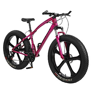Fat Tire Mountain Bike, 26'' 21 Speed Outdoor Snow Beach Hybrid MTB Racing Bikes for Adult Women Men, Comfort Complete Cruiser Bicycle, Lightweight City Commuter Road Cycling, Dual Disc Brakes (O)