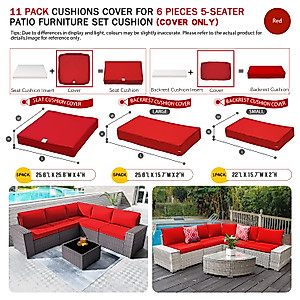 ClawsCover 11Pack Outdoor Seat and Back Cushions Replacement Covers Fit for 5-Seater 6Pieces Wicker Rattan Patio Furniture Conversation Set Sectional Couch Chairs,Red-Included Cover Only