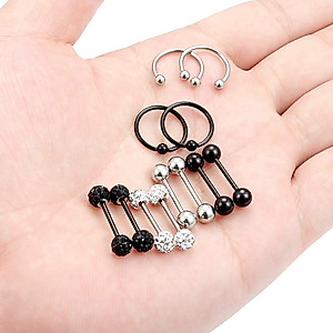 Lcolyoli 12Pcs Tongue Ring 16G Nipple Ring Surgical Steel Nipplerings Barbell Bar Hoop Rings Piercing Jewelry for Women Men 12MM Silver-tone Black