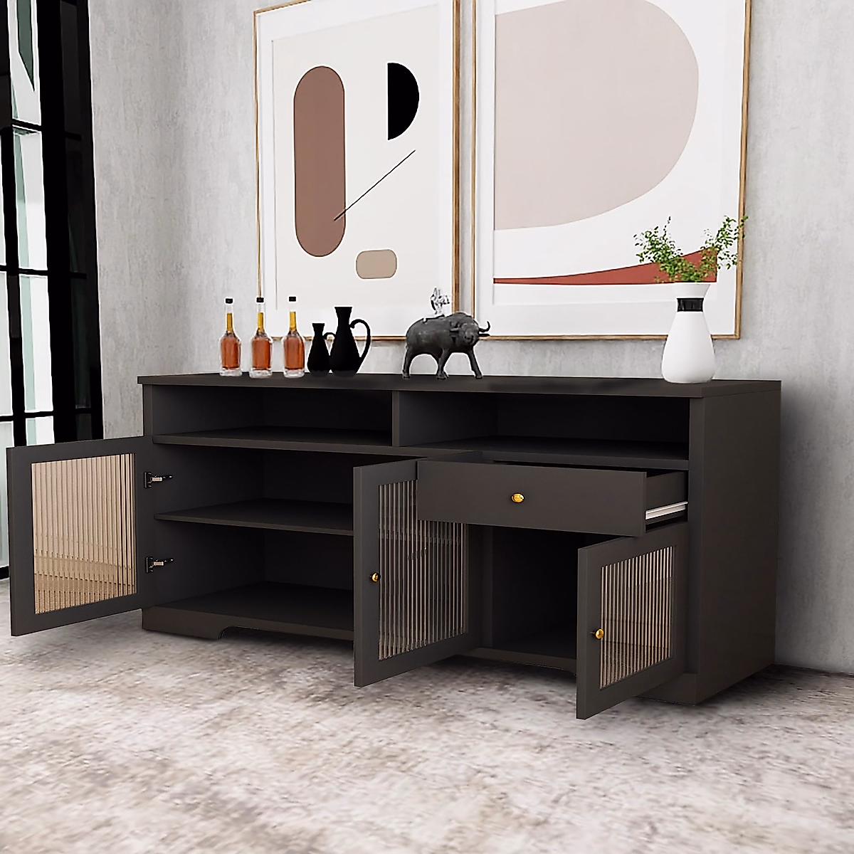 Kitchen Buffet Sideboard, Cabinet Storage Buffet Cabinet with Storage 46” 3 Glass Door and Adjustable Shelves, Modern Sideboard Wood Coffee Bar Cabinet