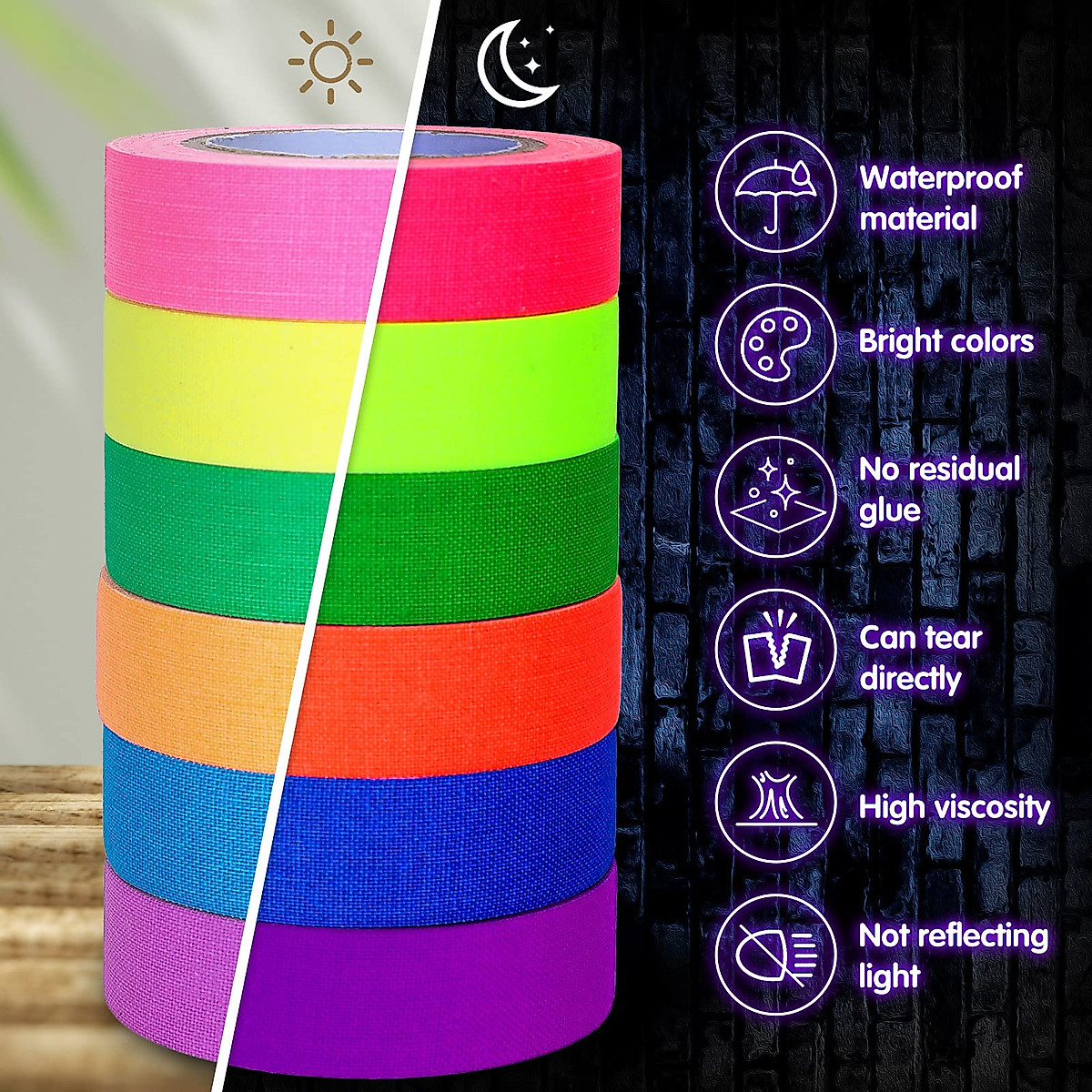 Whaline 6 Colors Neon Gaffer Cloth Tape, Fluorescent UV Blacklight Glow in The Dark Tape for UV Party (0.6 inch x 16.5 feet)