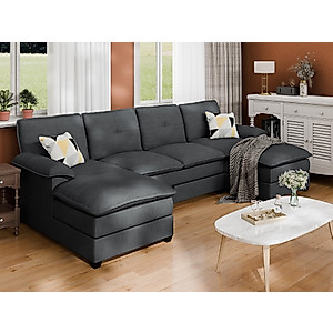 SUNLEI 110" U-Shaped Living Room Furniture Set, 4 Seat Sectional Sofa with Double Chaise for Apartment, Modern Fabric Modular Couch Sleeper for Living Room, Black