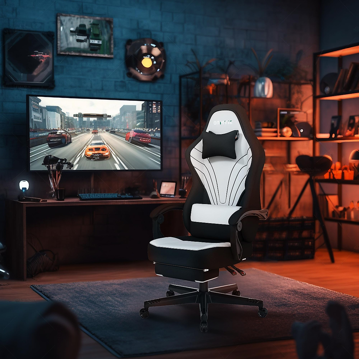 Gaming Chair,Big and Tall Gaming Chair with Footrest,Ergonomic Computer Chair,Fabric Office Chair with Lumbar Support,360 Degree Swivel and Height Adjustment,Video Gaming Chair for Adults-White