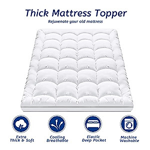 Queen Size Mattress Topper for Back Pain, Cooling Extra Thick Mattress Pad Cover with 8-21 inch Deep Pocket, Plush Pillow Top Mattress Topper Overfilled with Down Alternative, Queen Size, White