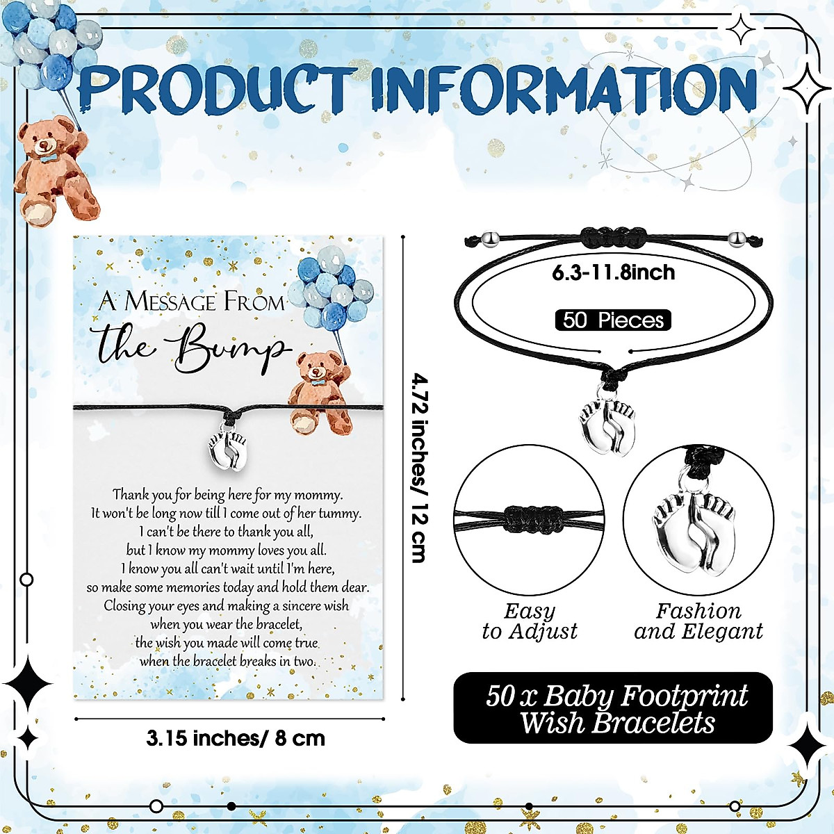 Thyle 50 Set Baby Shower Favors for Guests Adjustable Bracelets with Message from the Bump Card Footprints Charm Baby Shower Bracelets for Gender Reveal Thank You Gifts (Blue Bear)