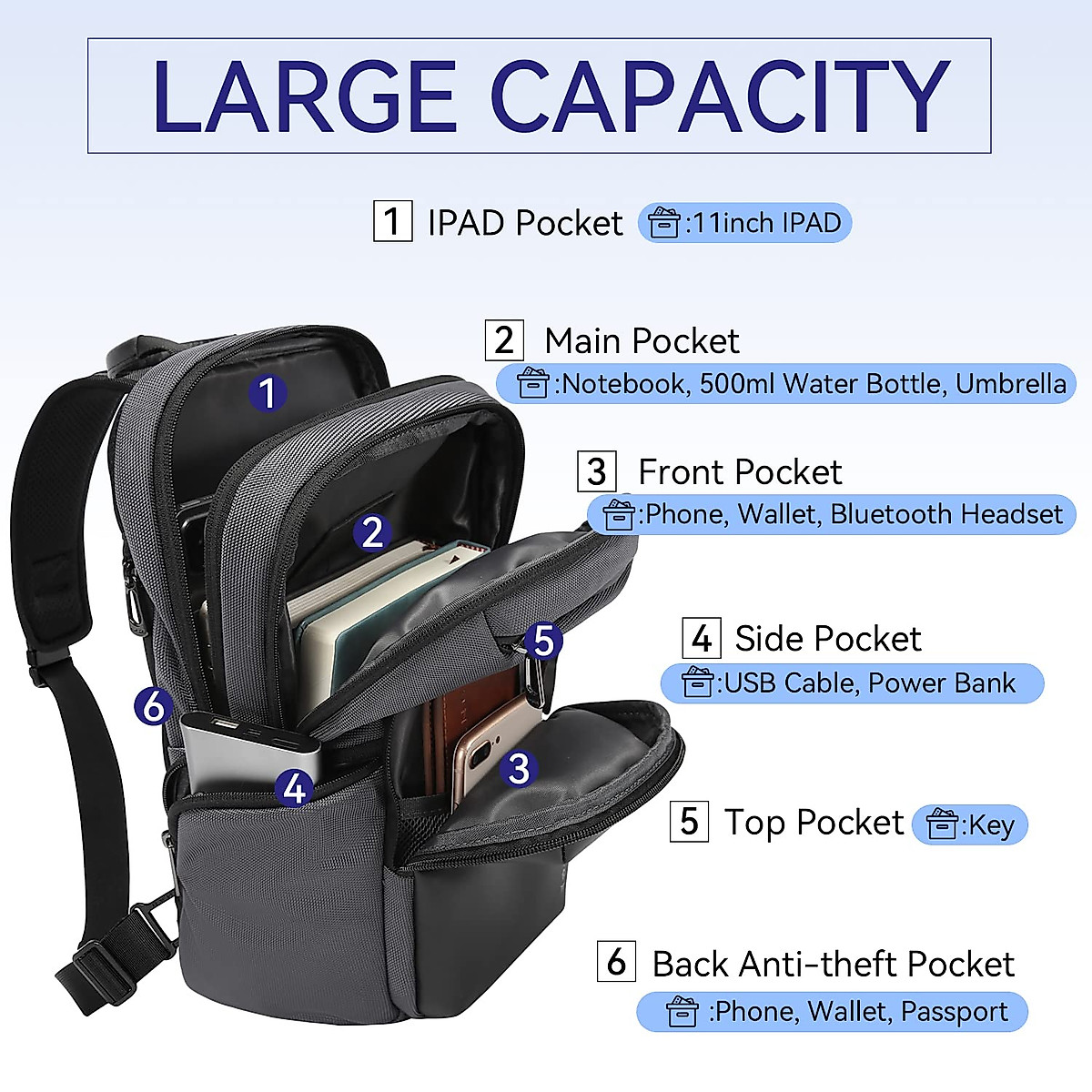 Tfro & Cile Sling Bag for Men Crossbody Bags Shoulder Backpacks Casual Daypack Bag Chest Backpack for Hiking Ridding Climbing