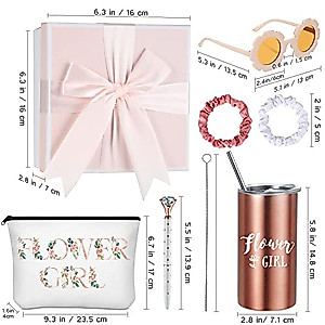 9 Pcs Flower Girl Gifts Set Personalized Flower Girl Tumbler with Straw Be My Flower Girl Card Bride Gift Box Canvas Bag Sunglasses Hair Ring Diamond Pen Envelope Bride Gifts for Wedding Party