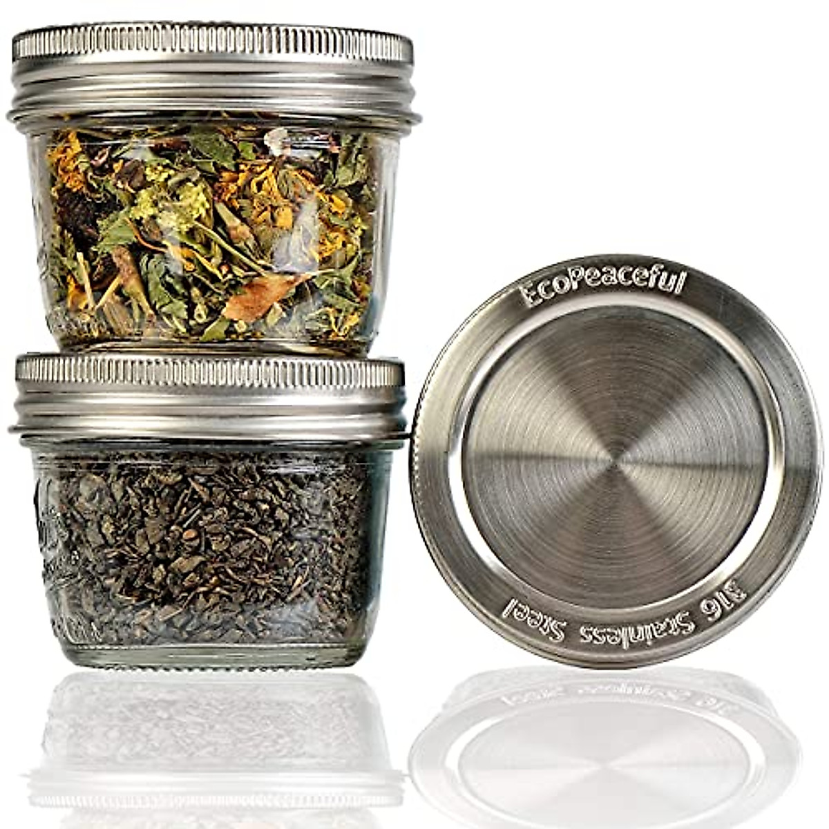 EcoPeaceful 316 Surgical Stainless Steel Mason Jar Lids WIDE Mouth -ORIGINAL DESIGN- Stackable w/Pull-Tab Silicone Seal. Rust-proof, Airtight, Leak-Proof, BPA-Free, PVC-Free, Vegan - Not for Canning