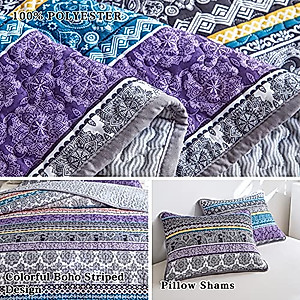 FlySheep Colorful Quilt Set Queen Size, 3 Pieces Purple Boho Stripes Design Lightweight Summer Bedspread/Coverlet Bedding Set, Soft Microfiber for All Season - 92x90 inches