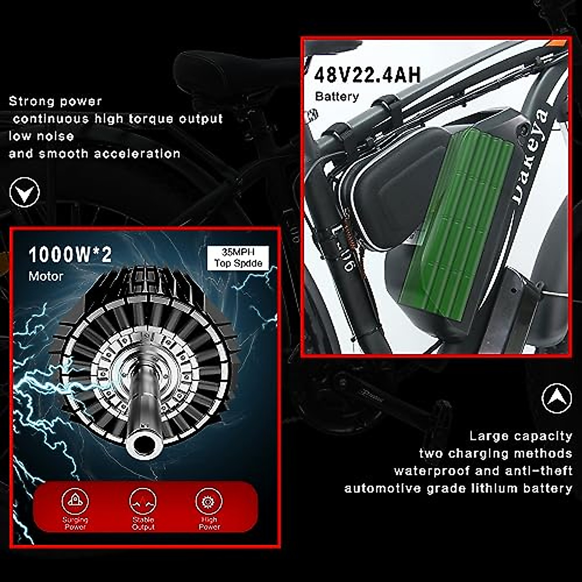 Dakeya da06 Electric Bicycle 2000W Dual Motor 35MPH AWD Ebike 48V 22.4Ah Mountain Snow E Bike 26" Fat Tire 21 Speed MTB for Trail Riding Excursion Commute