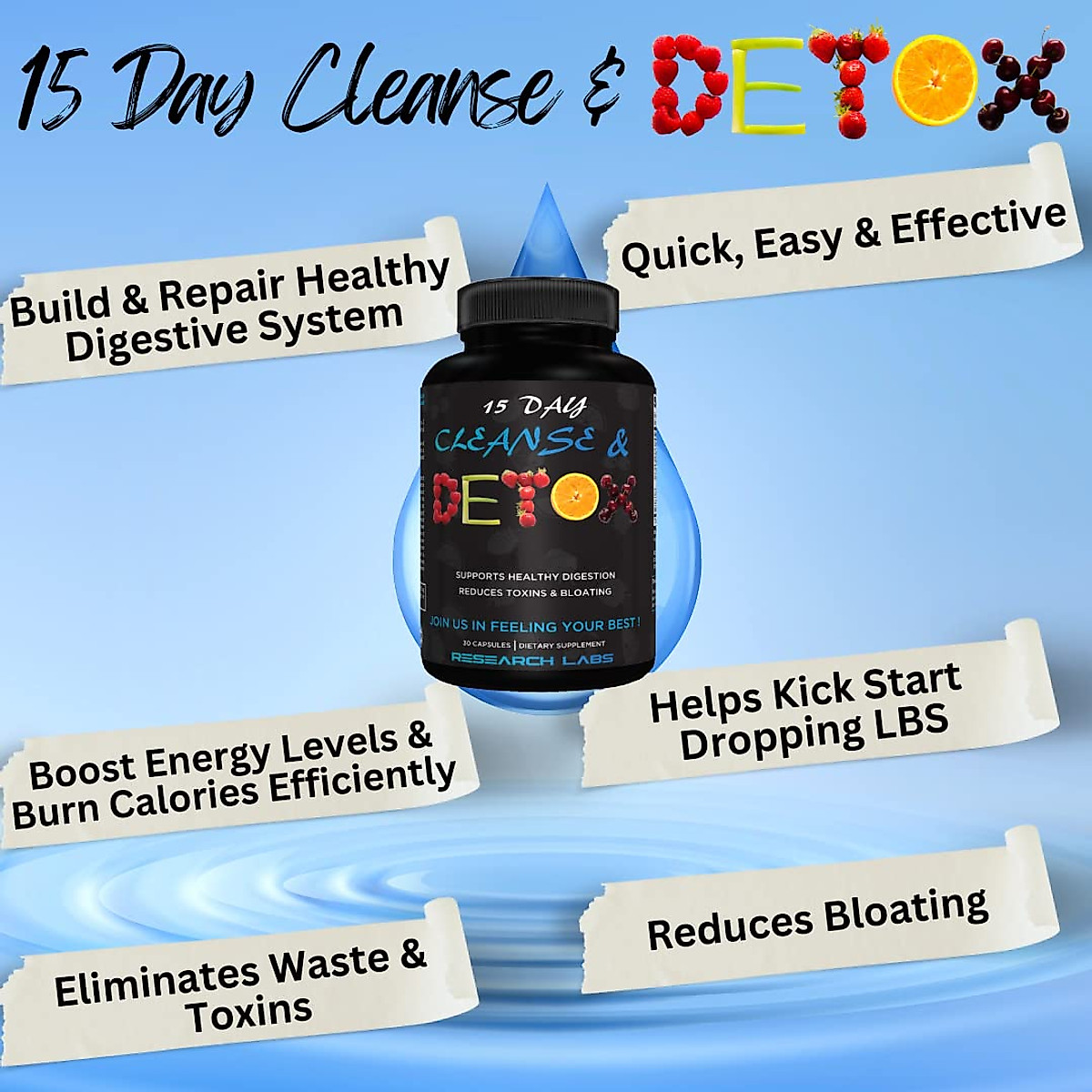 Research Labs 15 Day Colon Cleanse & Detox for Less Bloat Flat Tummy w/Probiotics - 2 Fer 1 - Constipation Relief - Flushes Toxins, Boosts Energy. Clinically Researched Safe and Effective Formula