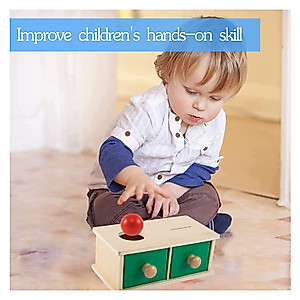 2 in 1 Mon-tessori Wooden Coins Balls Matching Box with 2 Drawers- Wood Coin Box with 5 Coins Object Permanence Box with 1 Wood Ball Preschool Learning Toys for Baby Toddler Infant Educational Gifts