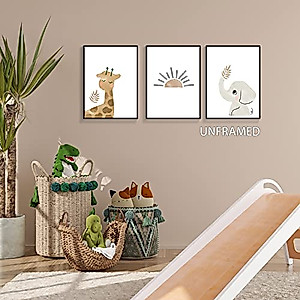 Cute Woodland Animals Giraffe Canvas Wall Art Set of 3 12x16in, Colorful Minimalist Baby Nursery Sun Room Aesthetic Posters, Neutral Elephant Print Painting Decor for Girl Boy Kids Bedroom Unframed