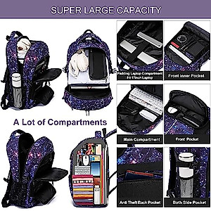 Laptop Backpack Bookbag for College Travel Business with USB Charging Port, Slim Laptop Backpack Work Bag, Anti Theft Durable Water Resistant Computer Bag Fit Laptop Up to 17.3 Inch, Galaxy - Purple