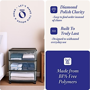 HOMZ Plastic 3 Drawer Wide Cart, Black Frame, Clear Drawers, 4 Casters included, Set of 1