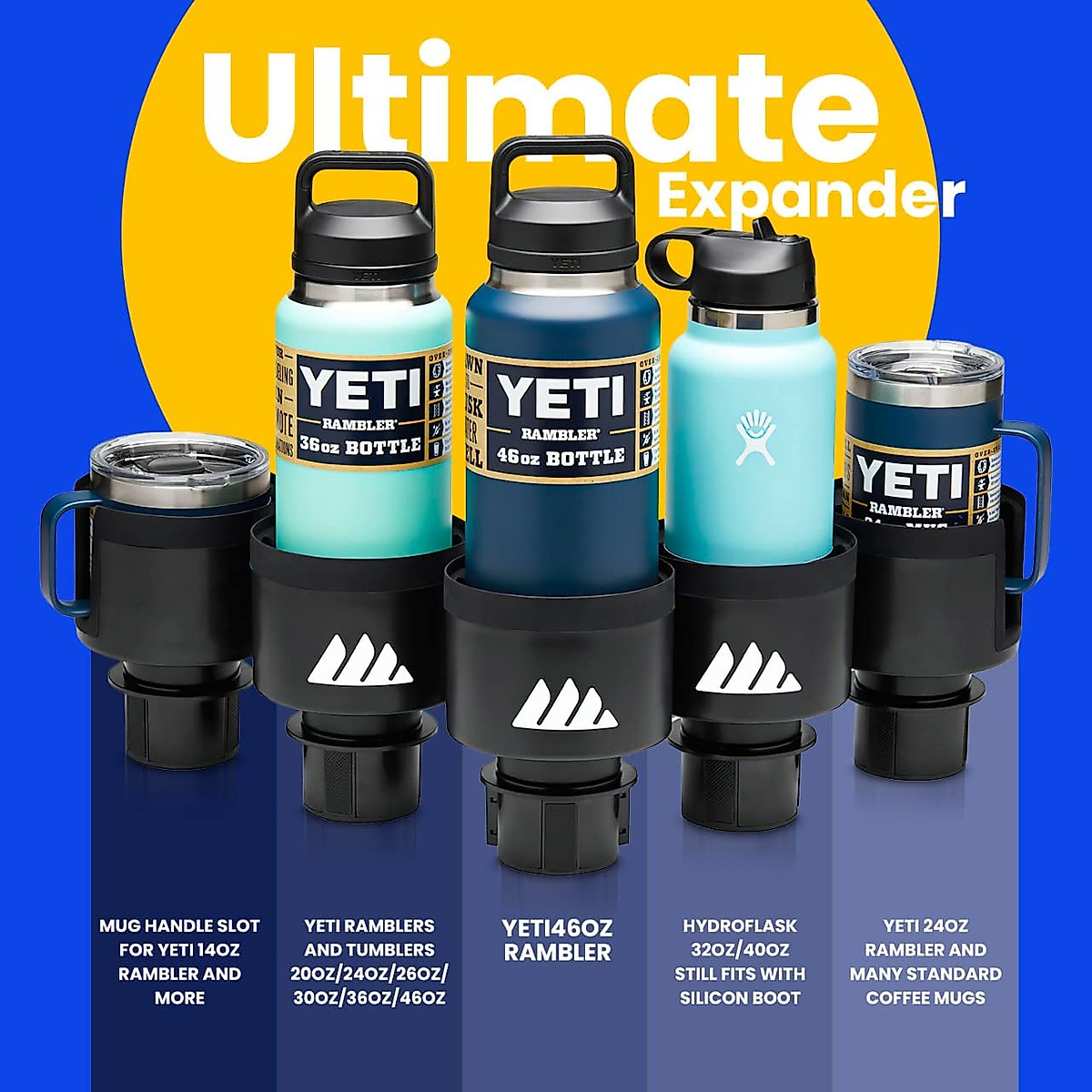 Integral Ultimate Expander Car Cup Holder - Adjustable Base - Expander & Organizer for Vehicles - Compatible with Coffee Mug, Yeti 14/24/36/46oz, Ramblers, Hydro Flasks 32/40oz, 3.4"-4.0" Bottles