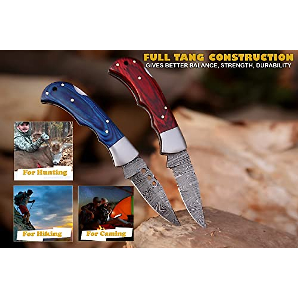 Handmade Damascus pocket knife for men with leather sheath | 2 Pcs Tactical Folding Pocket knife Set with Back Lock | Best Edc Bushcraft knifes for Fishing, Camping, Hiking | Damascus steel Blade Foldable hunting Belt knife with Horizontal Carry sheath |