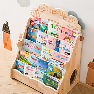 WOODEN TEETHER Kids Bookshelf Rubber Wood 5-Tier Montessori Bookshelf for Kids Durable Bookcase with Chalkboard & Storage Book Shelf Display Rack for Nursery Kids Room
