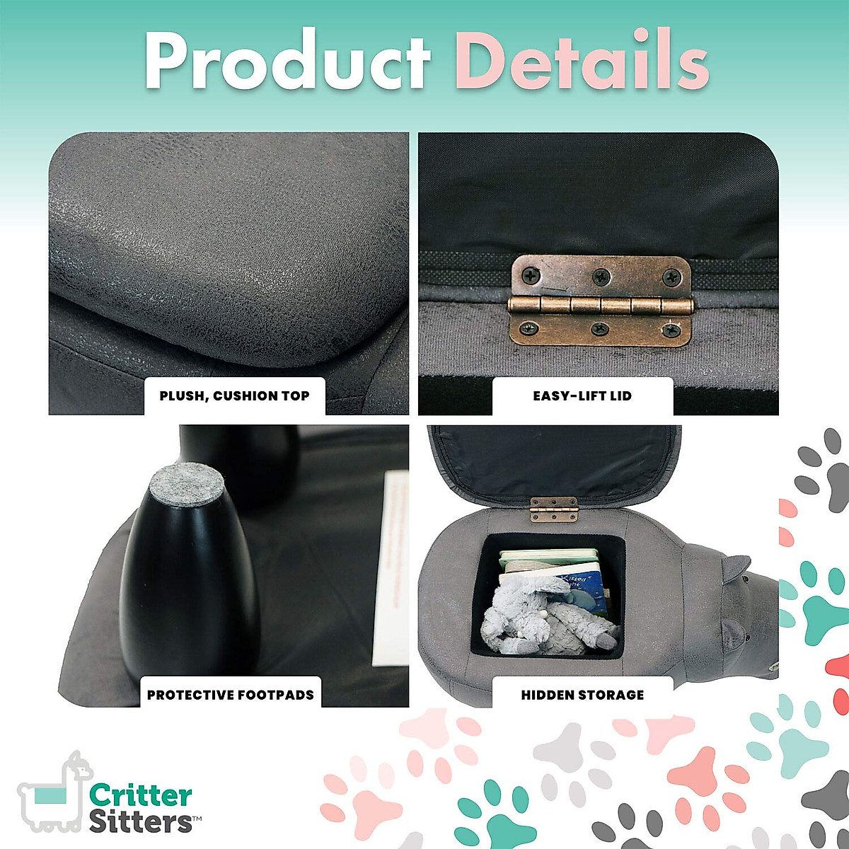 Critter Sitters 15-In. Seat Height Dark Gray Hippo Animal Shape Storage Ottoman, Kids Furniture for Nursery, Bedroom, Playroom, and Living Room Decor, Multifunctional Cushioned Step Stool