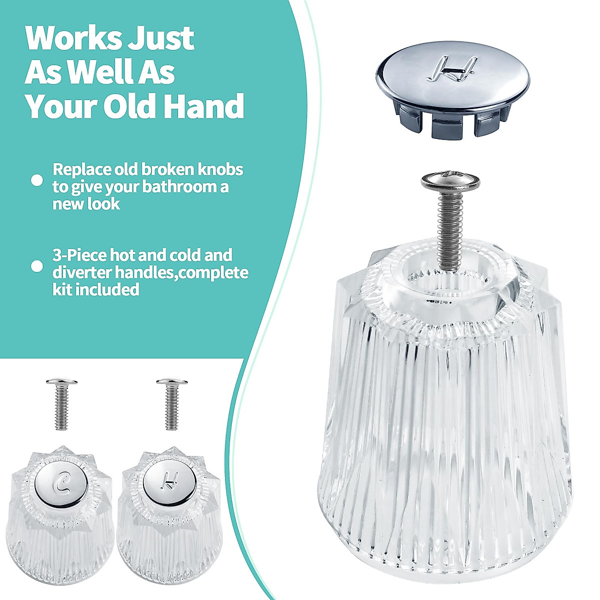 Shower Knob Replacement, 3 Pcs Clear Acrylic Hot,Cold Faucet Handle, Compatible with Pfister Contessa, Windsor, Moen 100710, Phoenix,Shower Knobs, Shower Handle Replacement