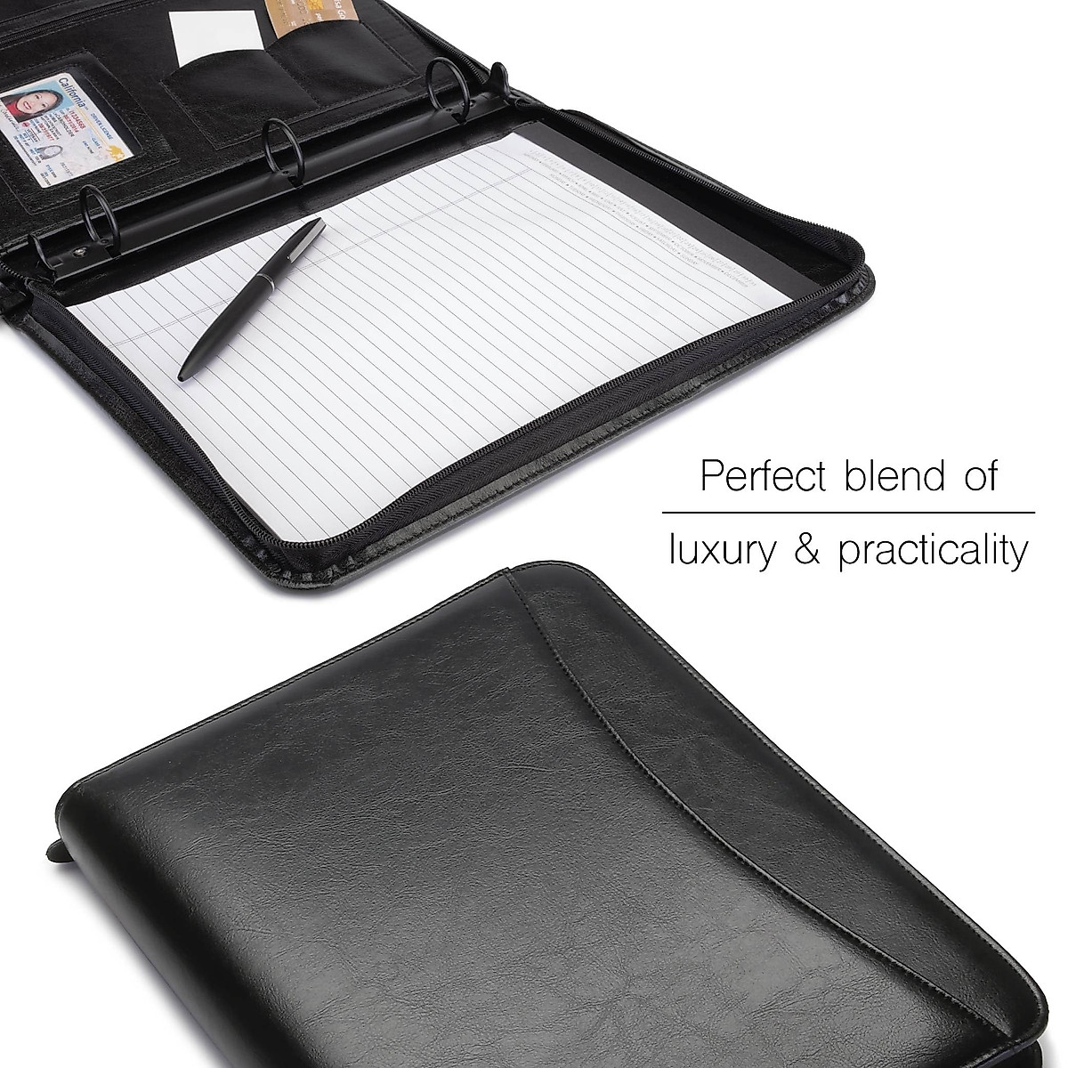 Travigo 3-Ring Zipper Business Leather Portfolio Folder| 1.25" 3-Ring Binder Professional Business Folder Resume Document Organizer|Exterior Pocket | Guesseted File Pocket| 8-1-2" Writing Pad (Black)