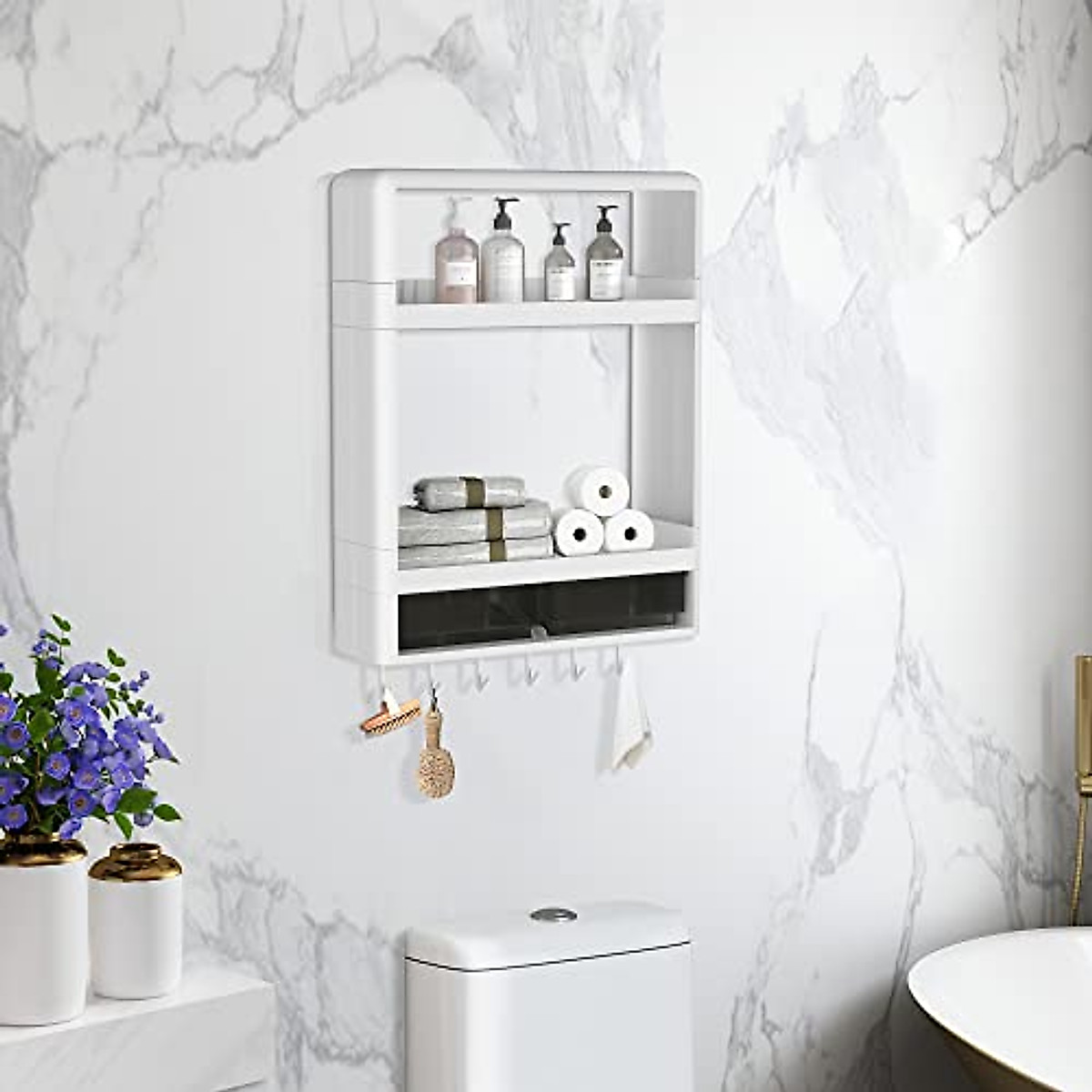 2-Tier Bathroom Space Saver,Over The Toilet Storage for Bath Essentials, Restroom Organization and Storage Shelf Over Washer and Dryer,No Drill,White